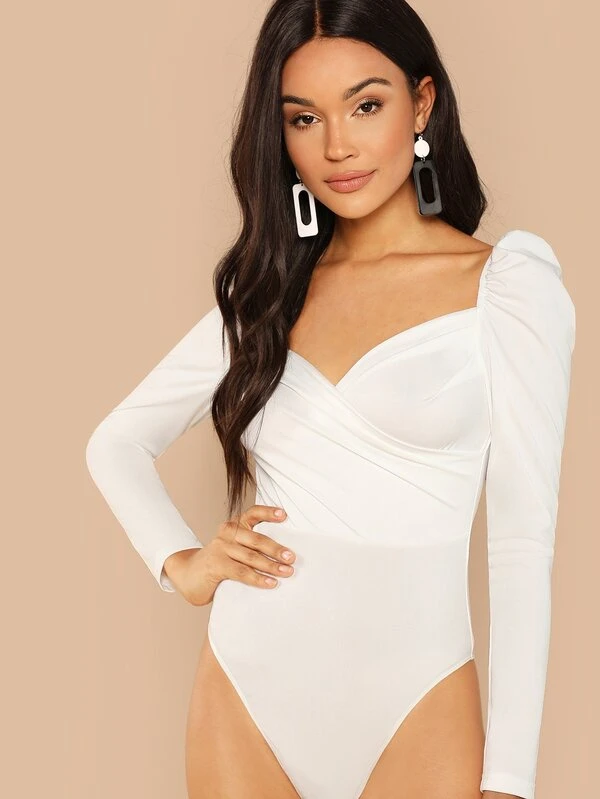 SHEIN Privé Puff Sleeve Surplice Neck Ruched Bodysuit | SHEIN USA