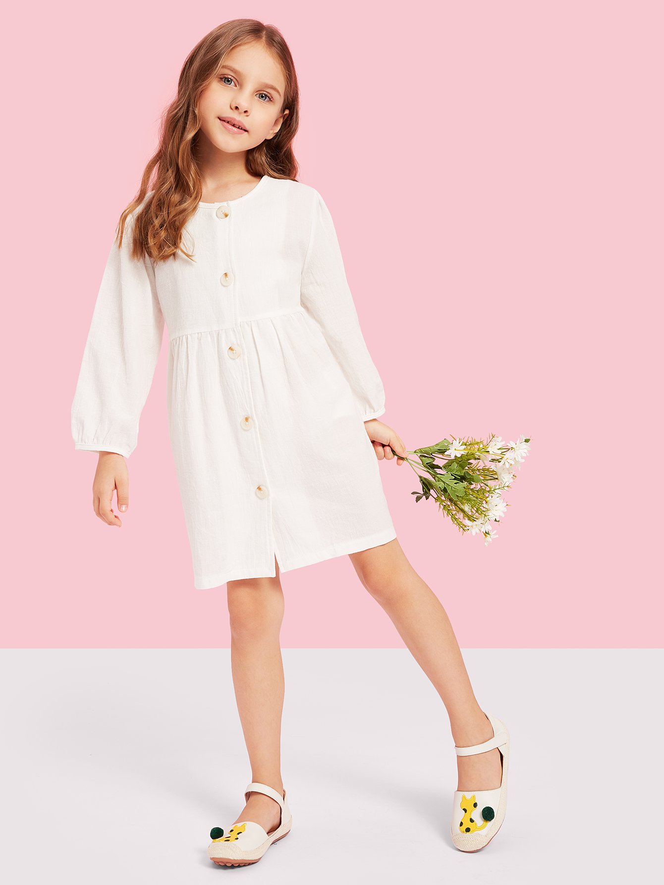 Girls Button Through Solid Dress