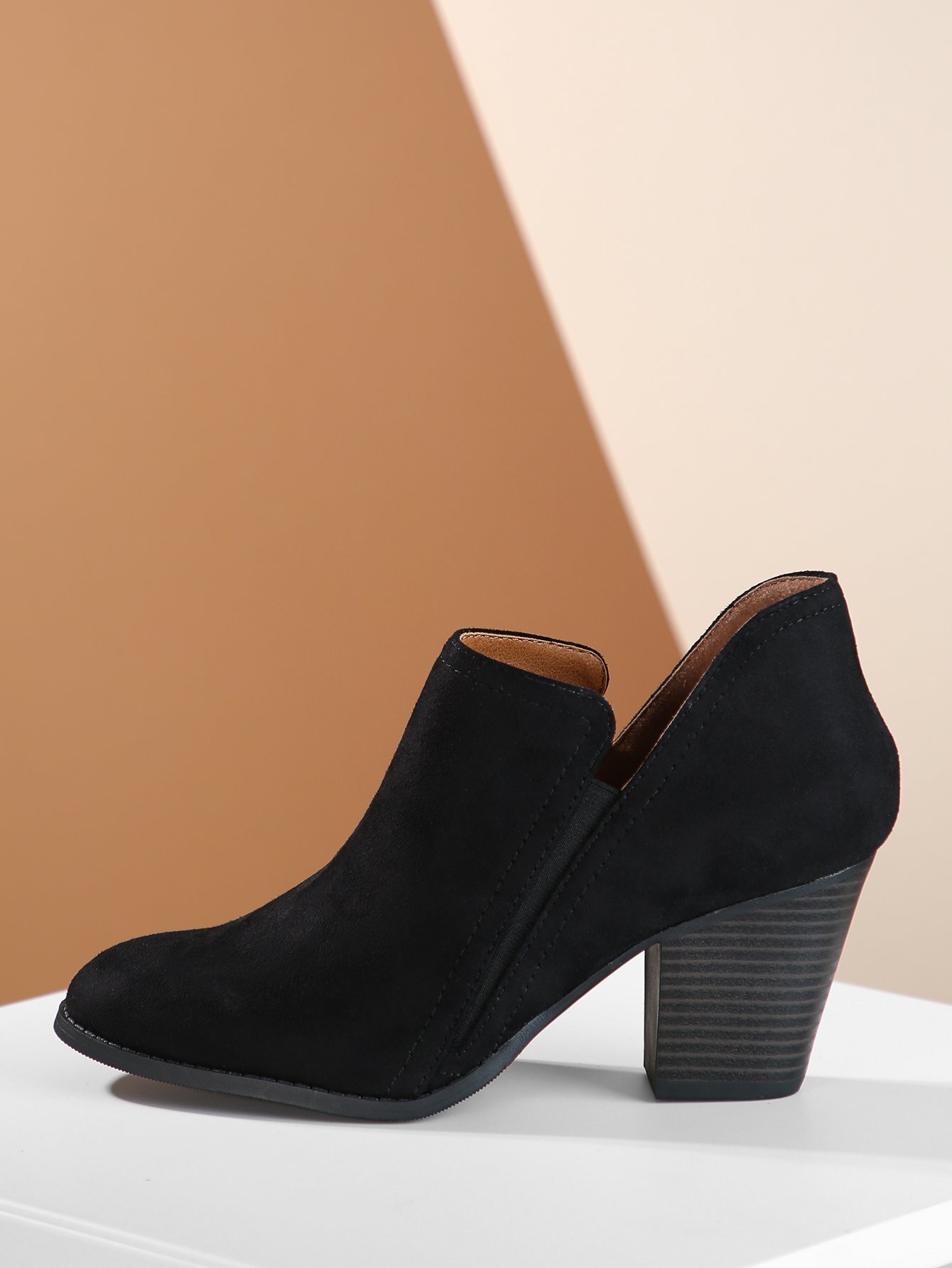 Split Shaft Stacked Heel Almond Toe Ankle Booties