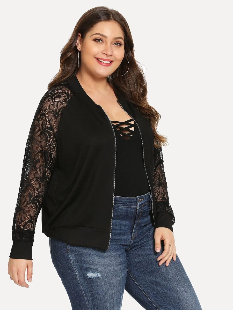 SHEIN LUNE Plus Contrast Lace Solid Jacket | SHEIN USA