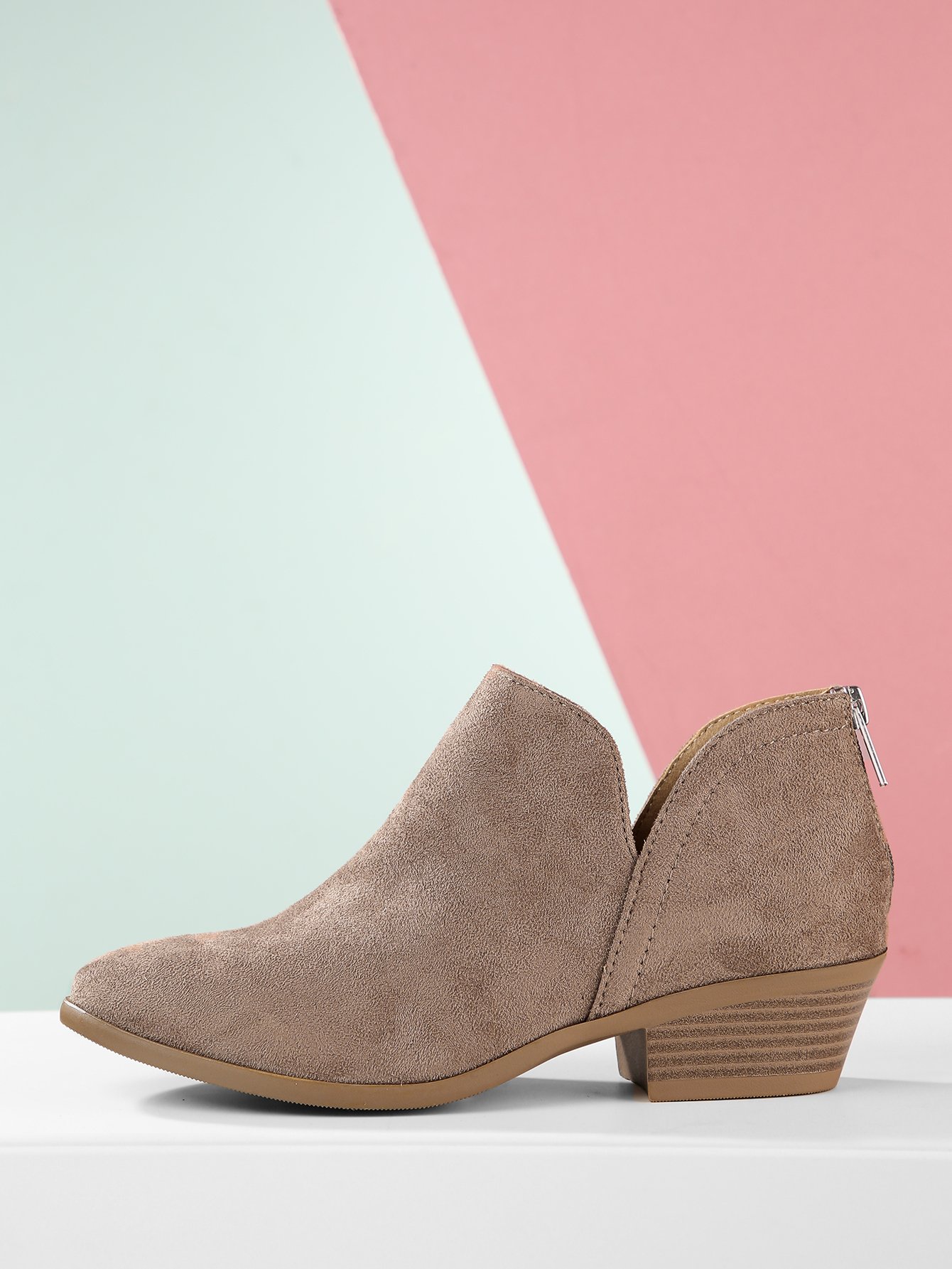 Almond Toe Low Stacked Heel Split Shaft Booties