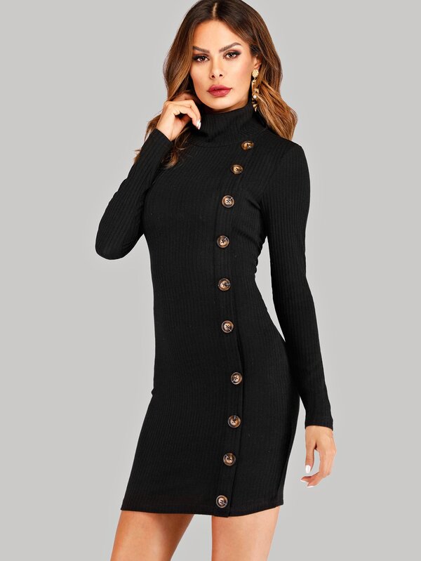 High Neck Side Button Rib Knit Dress | SHEIN USA