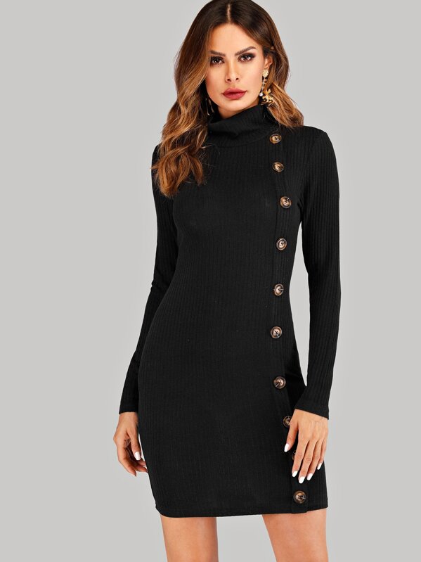 High Neck Side Button Rib Knit Dress | SHEIN USA