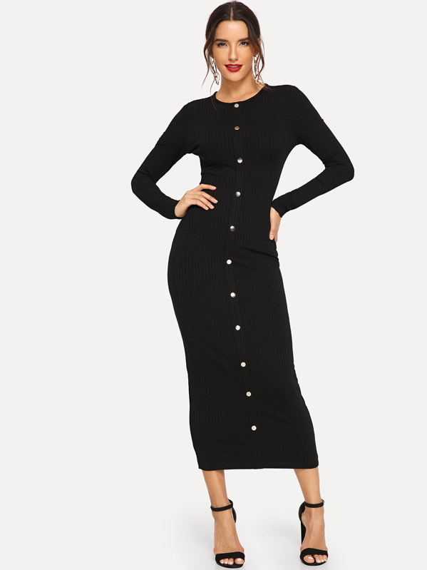 SHEIN Button Front Rib Knit Fitted Dress | SHEIN USA