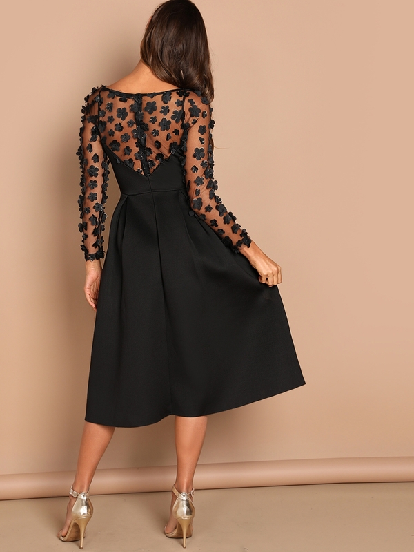 Shein Applique And Mesh Sleeve Flared Dress Shein