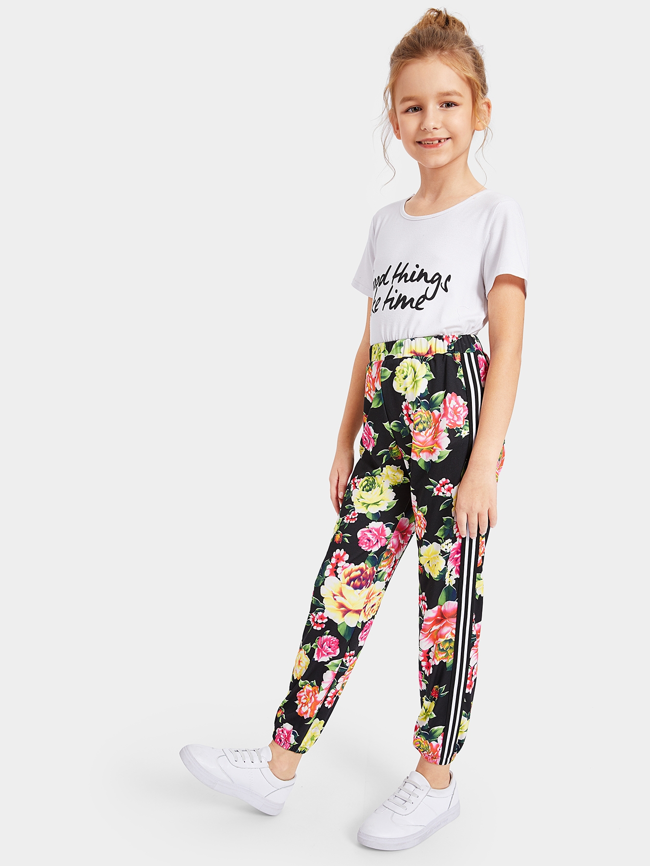 Girls Striped Trim Floral Pants