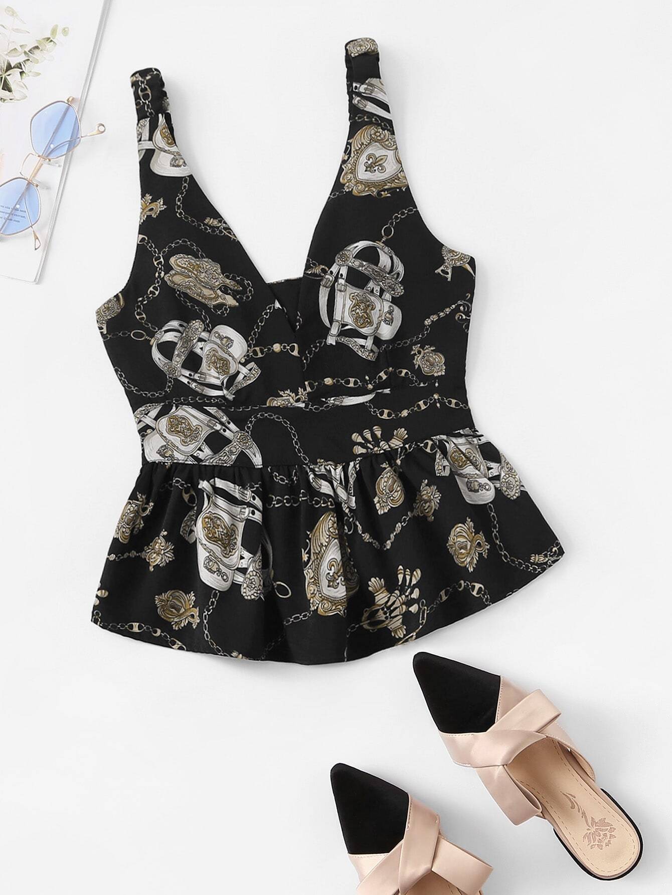 Chain Print Ruffle Hem Cami Top