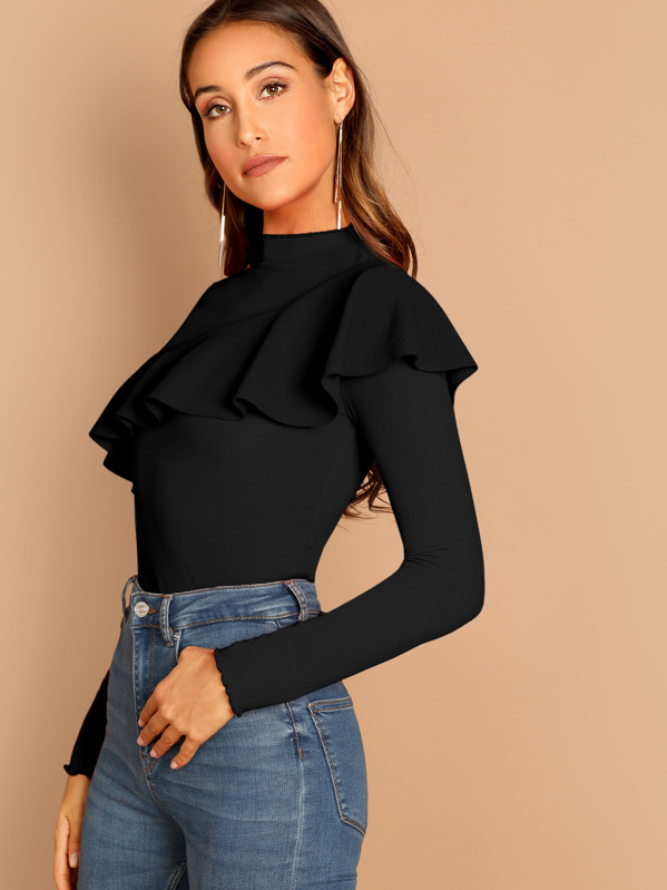 SHEIN Privé Ruffle Trim Mock-neck Form Fitting Tee | SHEIN USA