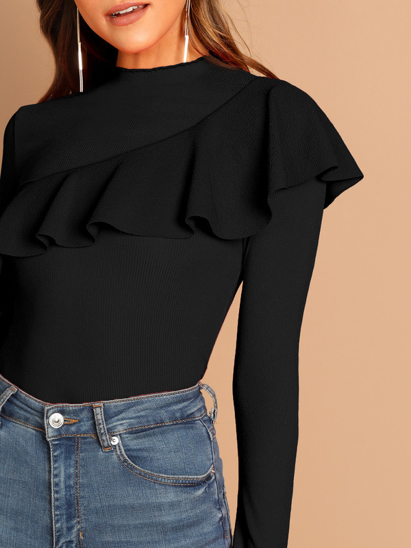 SHEIN Privé Ruffle Trim Mock-neck Form Fitting Tee | SHEIN USA
