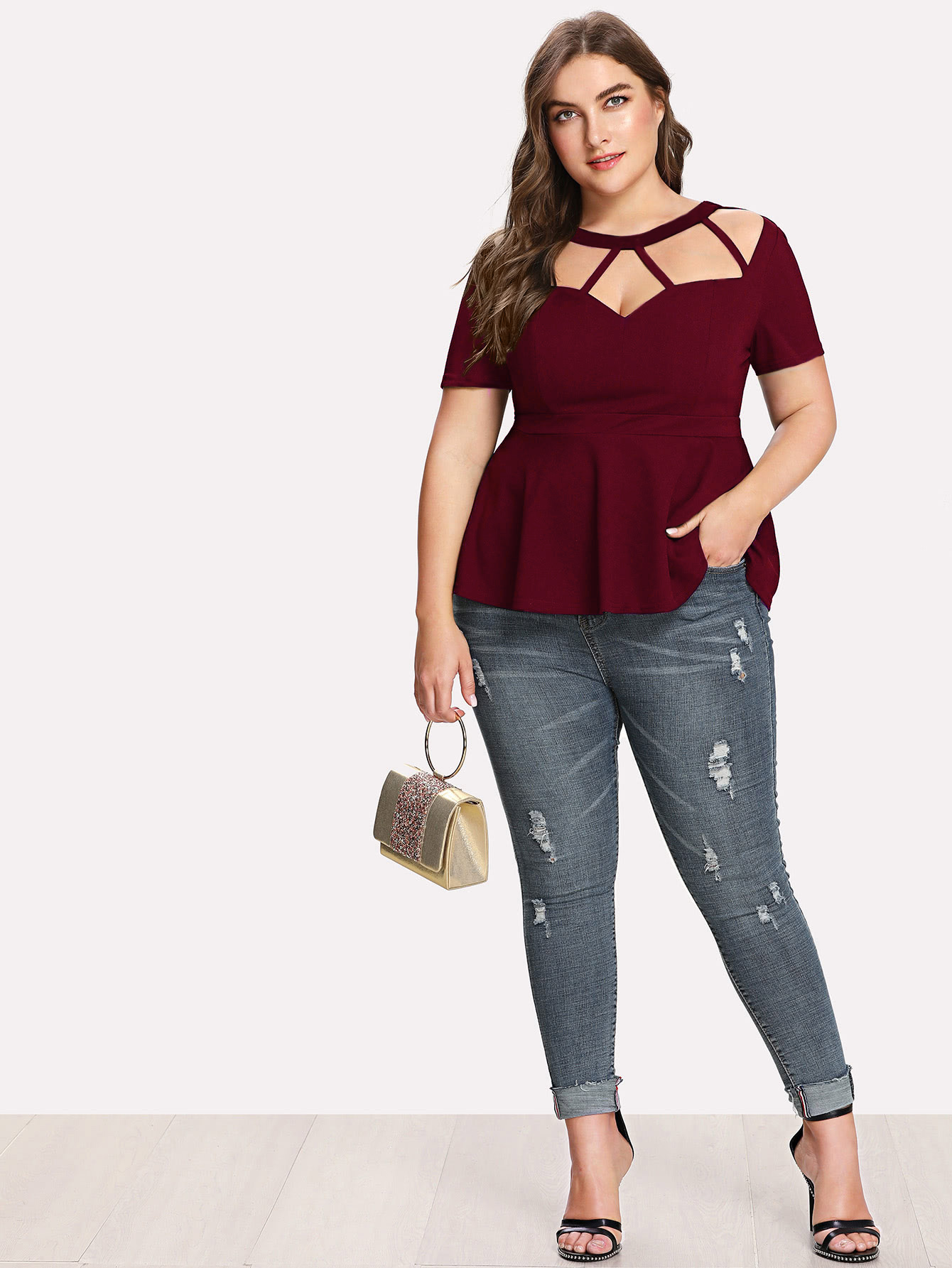 SHEIN Plus Cut-out Front Solid Peplum Top | SHEIN USA