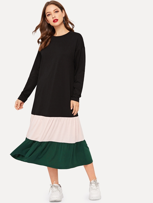 SHEIN Color-block Ruffle Hem Longline Dress | SHEIN USA