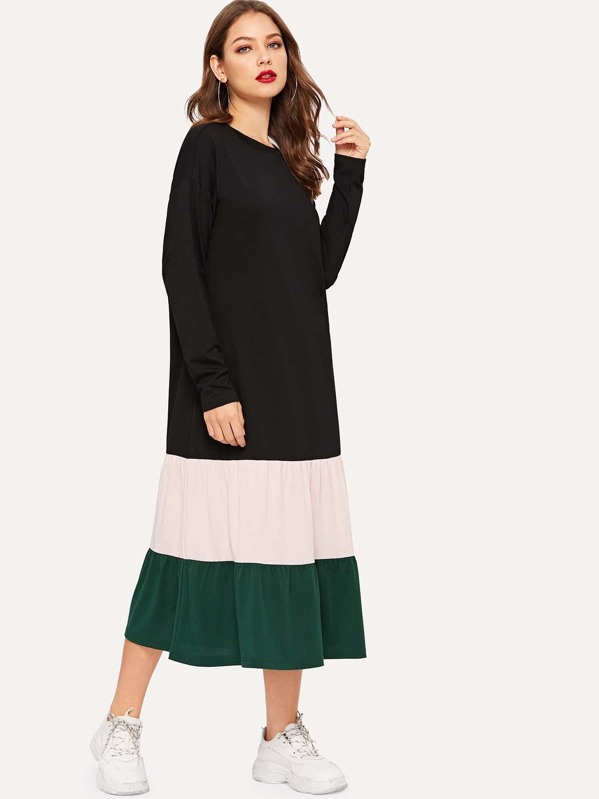 SHEIN Color-block Ruffle Hem Longline Dress | SHEIN USA