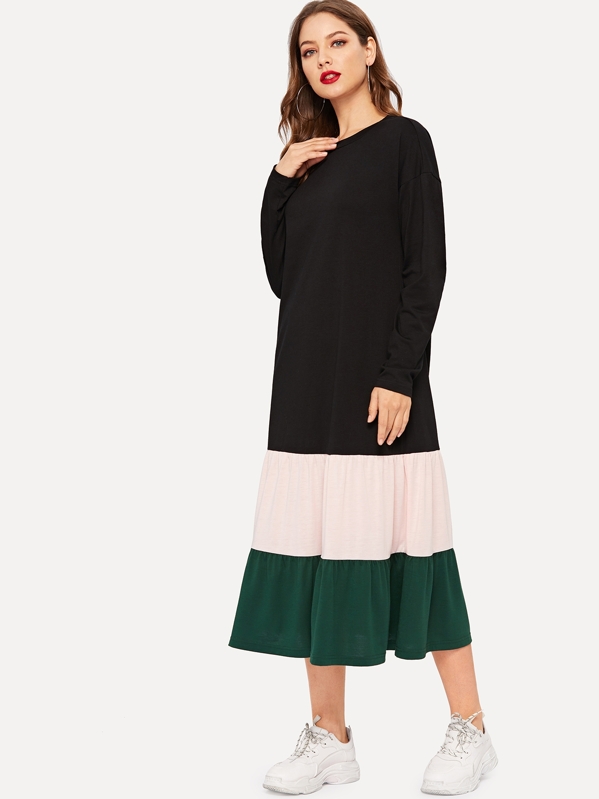 SHEIN Color-block Ruffle Hem Longline Dress | SHEIN USA