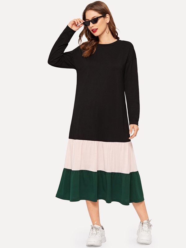SHEIN Color-block Ruffle Hem Longline Dress | SHEIN USA