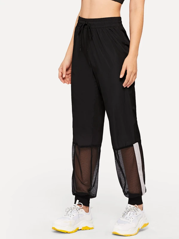 SHEIN Waist Drawstring Mesh Insert Pants | SHEIN USA