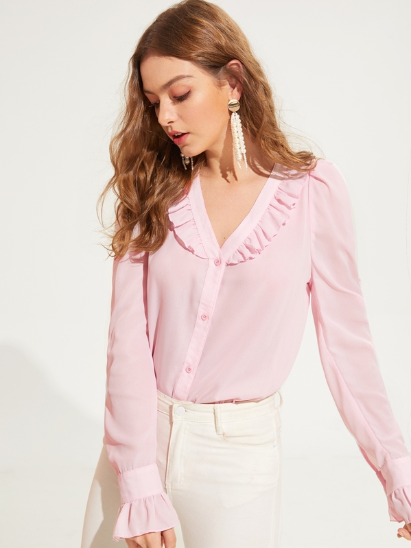 Shein Ruffle Trim Solid Buttoned Blouse Shein Usa