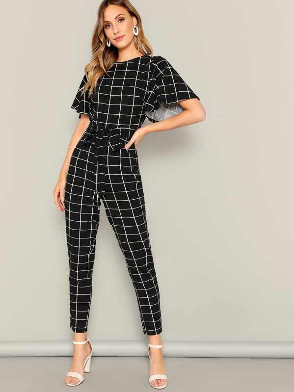 Shein Flutter Sleeve Belted Grid Print Jumpsuit Shein Usa