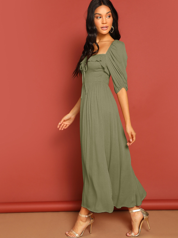 SHEIN Ruffle Detail Knot Shirred Square Neck Split Dress | SHEIN USA