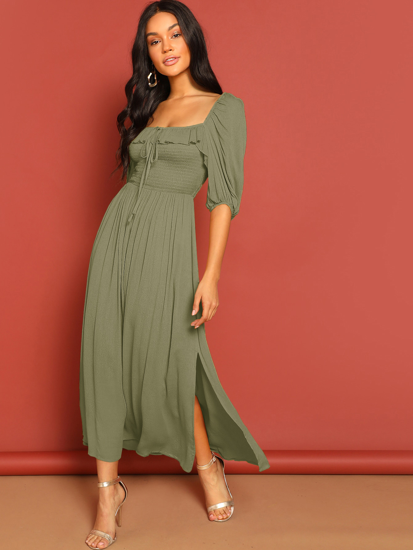 Ruffle Detail Knot Shirred Square Neck Split Dress | SHEIN UK