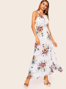 Floral Print Tie Back Halter Backless Slit Dress | SHEIN USA