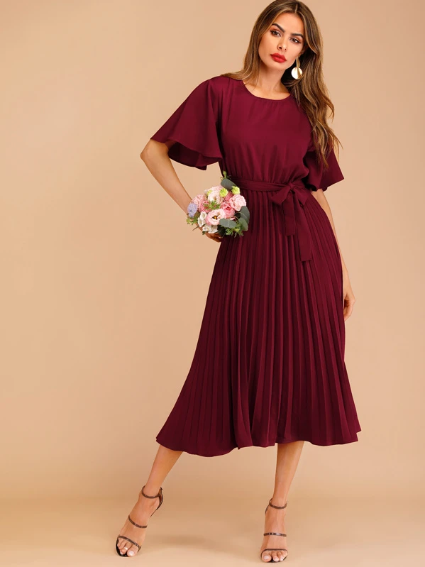 Button Keyhole Pleated Belted Dress Shein Usa