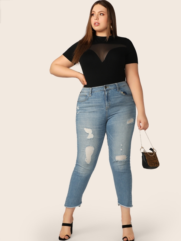 SHEIN Privé Plus Sheer Mesh Yoke Form Fitting Tee | SHEIN USA