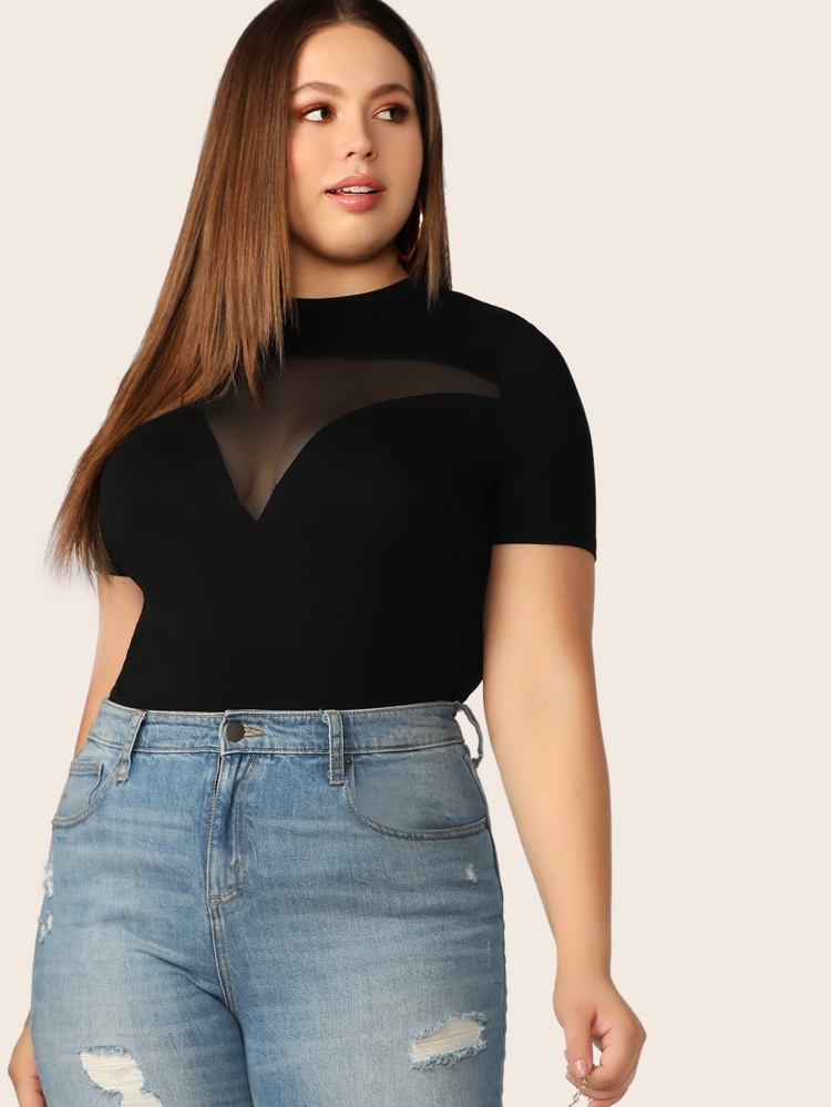 SHEIN Plus Sheer Mesh Yoke Form Fitting Tee | SHEIN UK