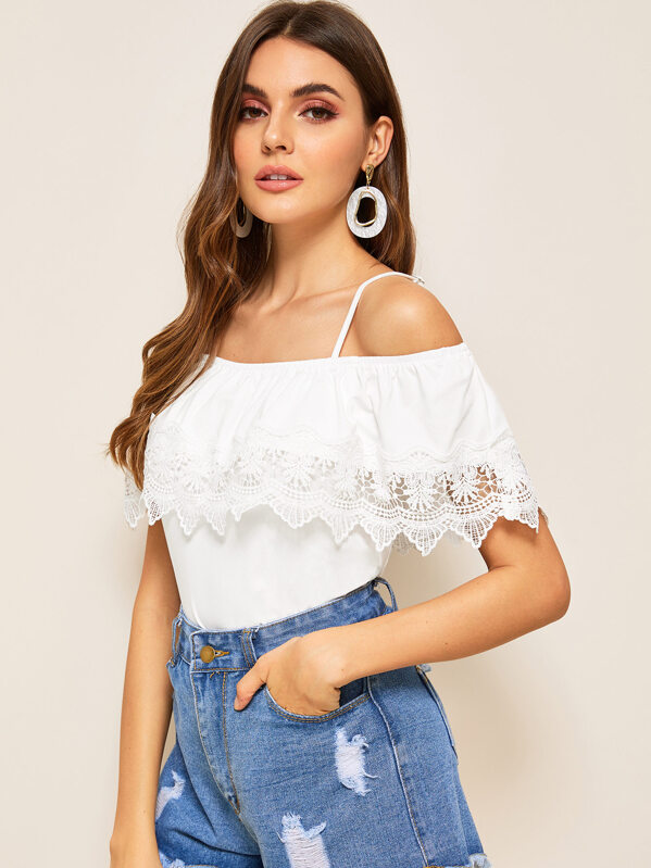 SHEIN Cold Shoulder Guipure Lace Trim Top | SHEIN USA