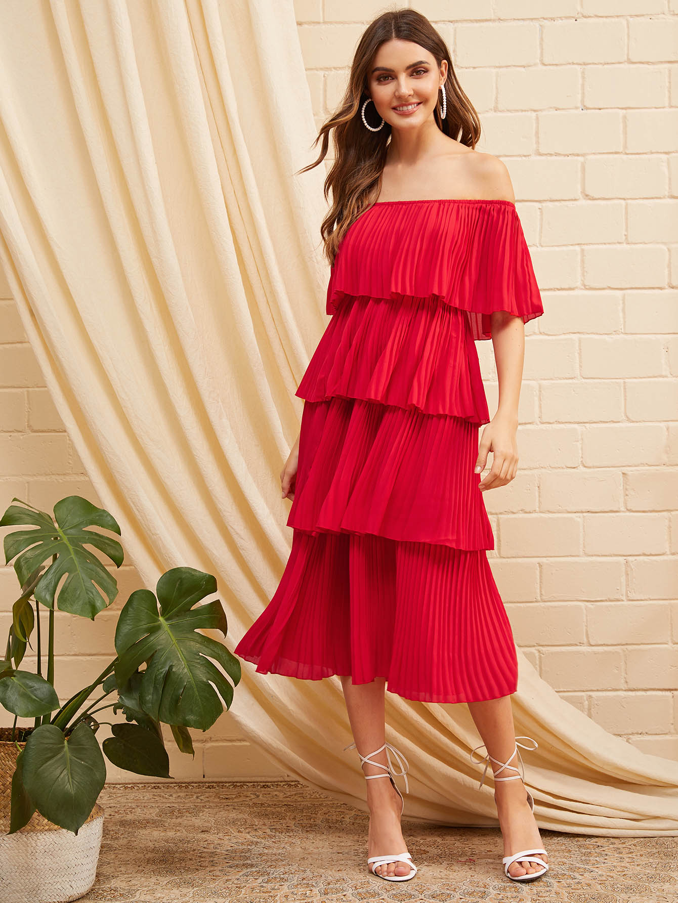 Foldover Front Off Shoulder Layered Pleated Dress