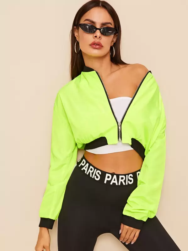 Neon Green Zip Through Crop Bomber Jacket | SHEIN USA