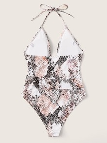 Snakeskin Print Halter Belted One Piece Swimsuit | SHEIN