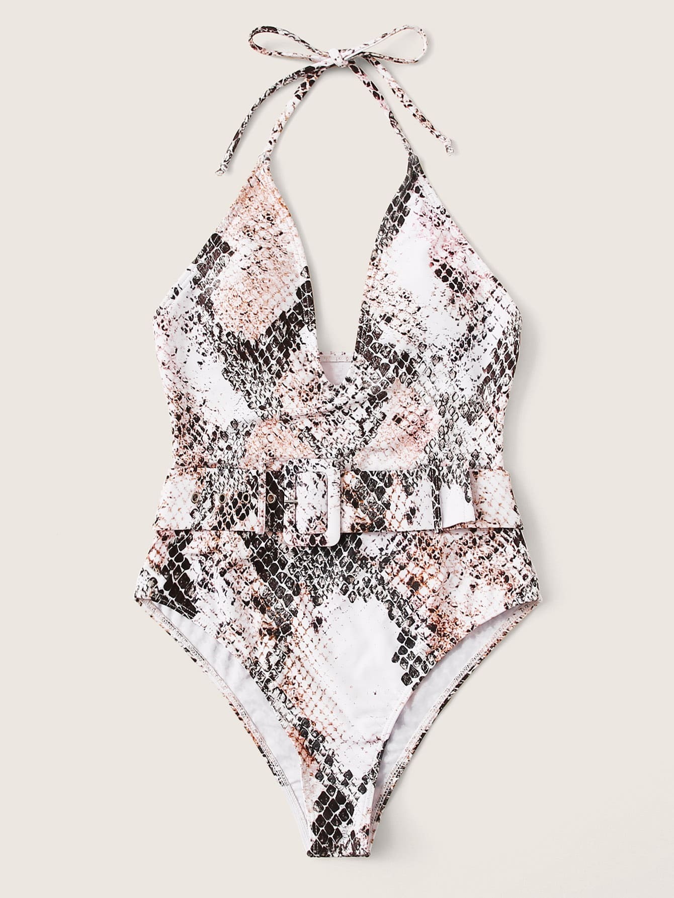 Snakeskin Print Halter Belted One Piece Swimsuit | SHEIN