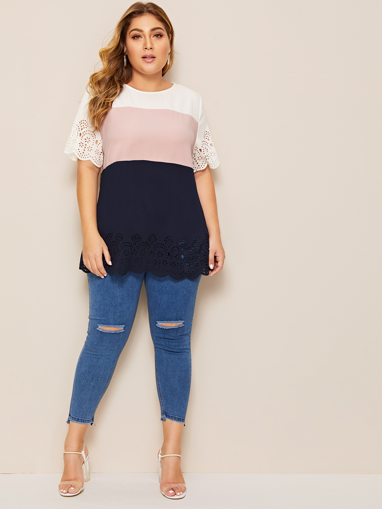 SHEIN Plus Laser Cut Scalloped Trim Colorblock Blouse | SHEIN USA