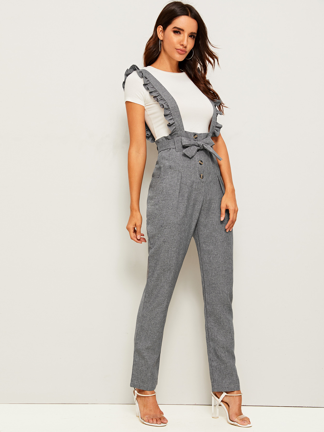 Belted Button Fly Pants With Ruffle Straps | SHEIN USA