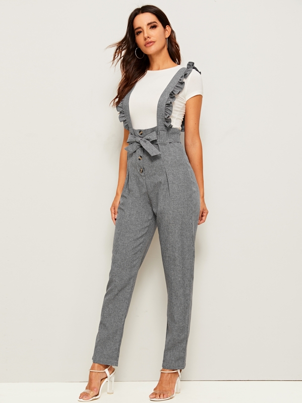 Belted Button Fly Pants With Ruffle Straps | SHEIN USA