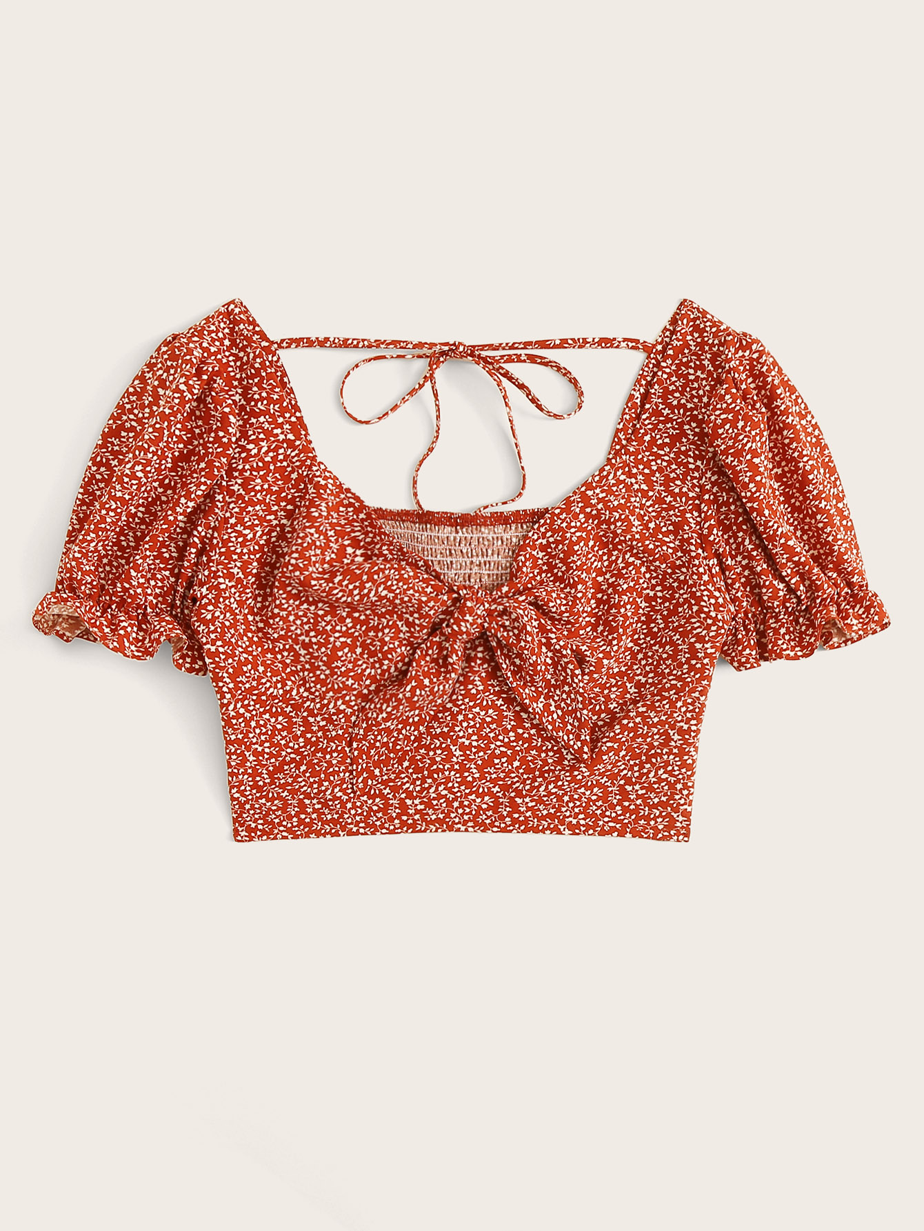 SHEIN Ditsy Floral Tie Front Puff Sleeve Crop Top | SHEIN UK