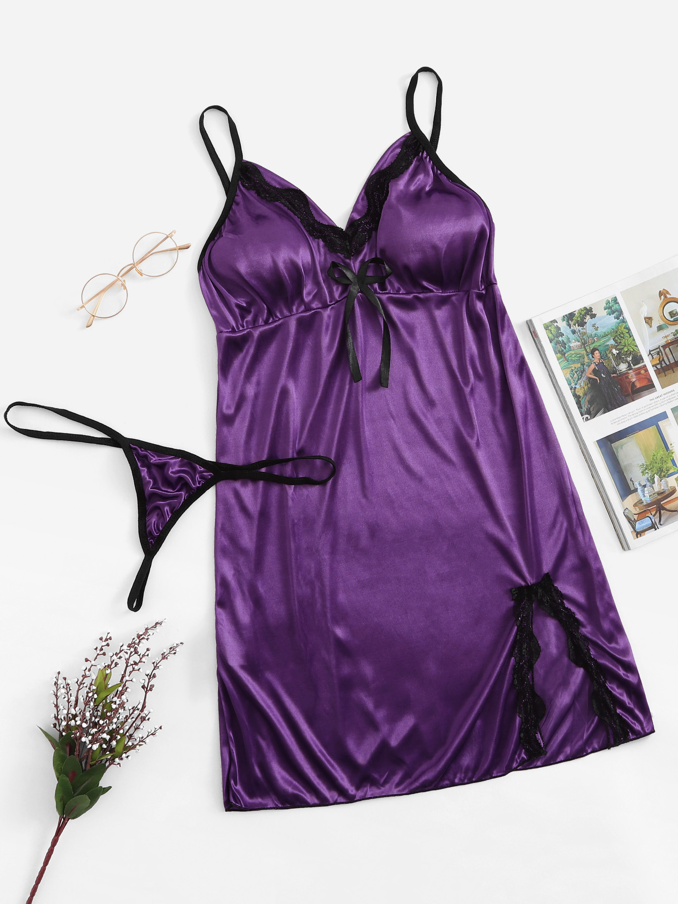 Plus Lace Trim Satin Slips With Thong