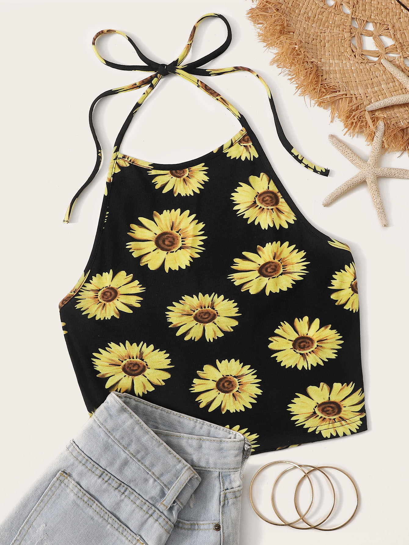 Sunflower Print Halter Crop Top | SHEIN UK