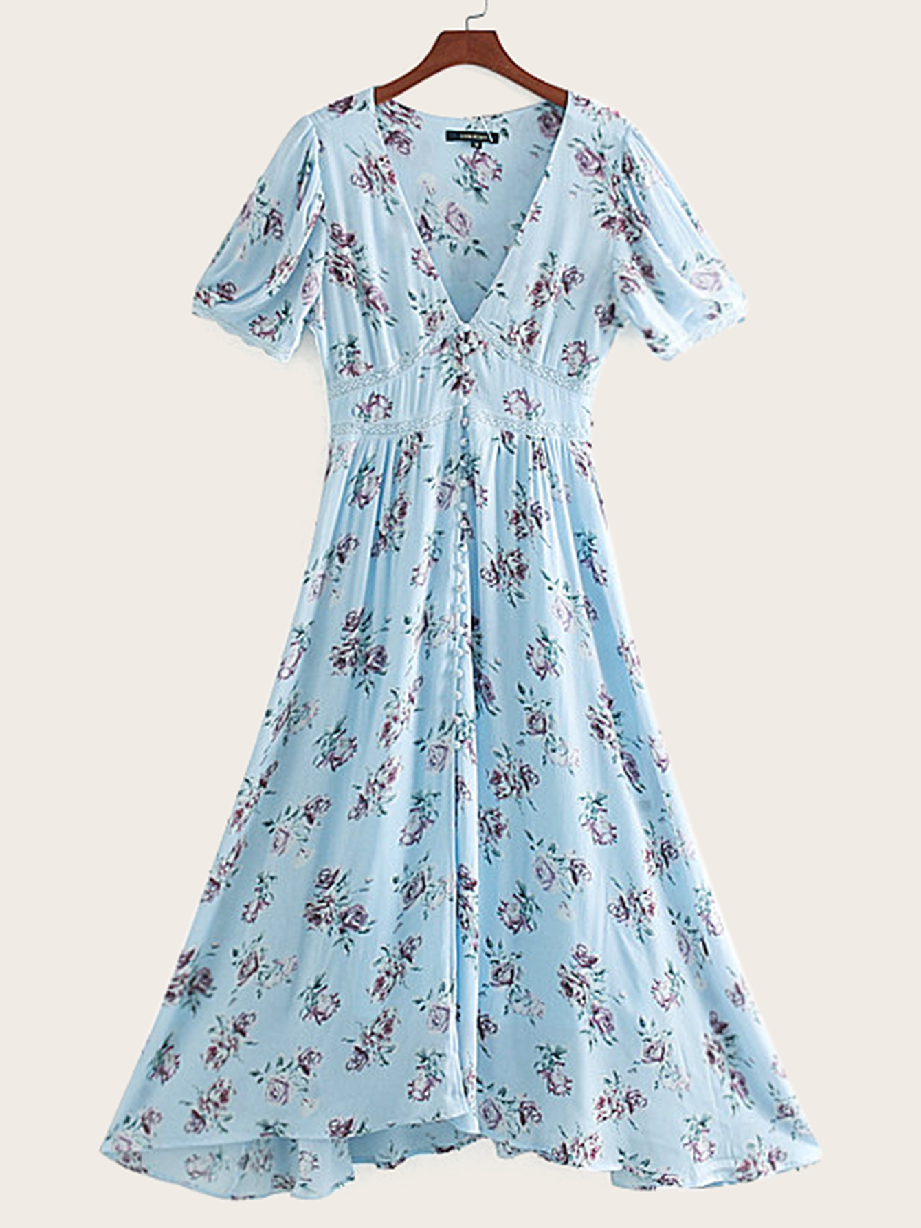 Lace Panel Ditsy Floral Print Covered Button Dress