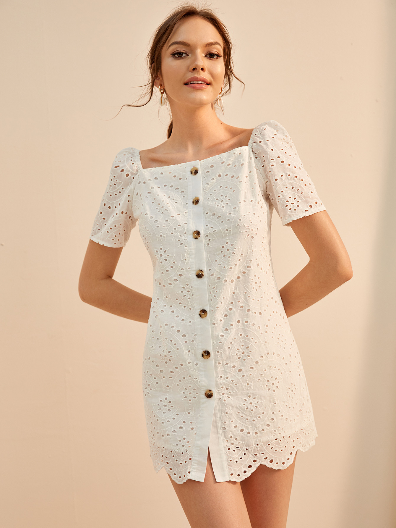 Button Front Eyelet Embroidery Dress