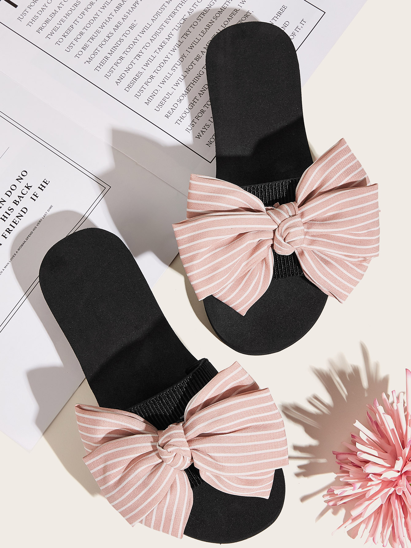 Striped Bow Decor Open Toe Sliders