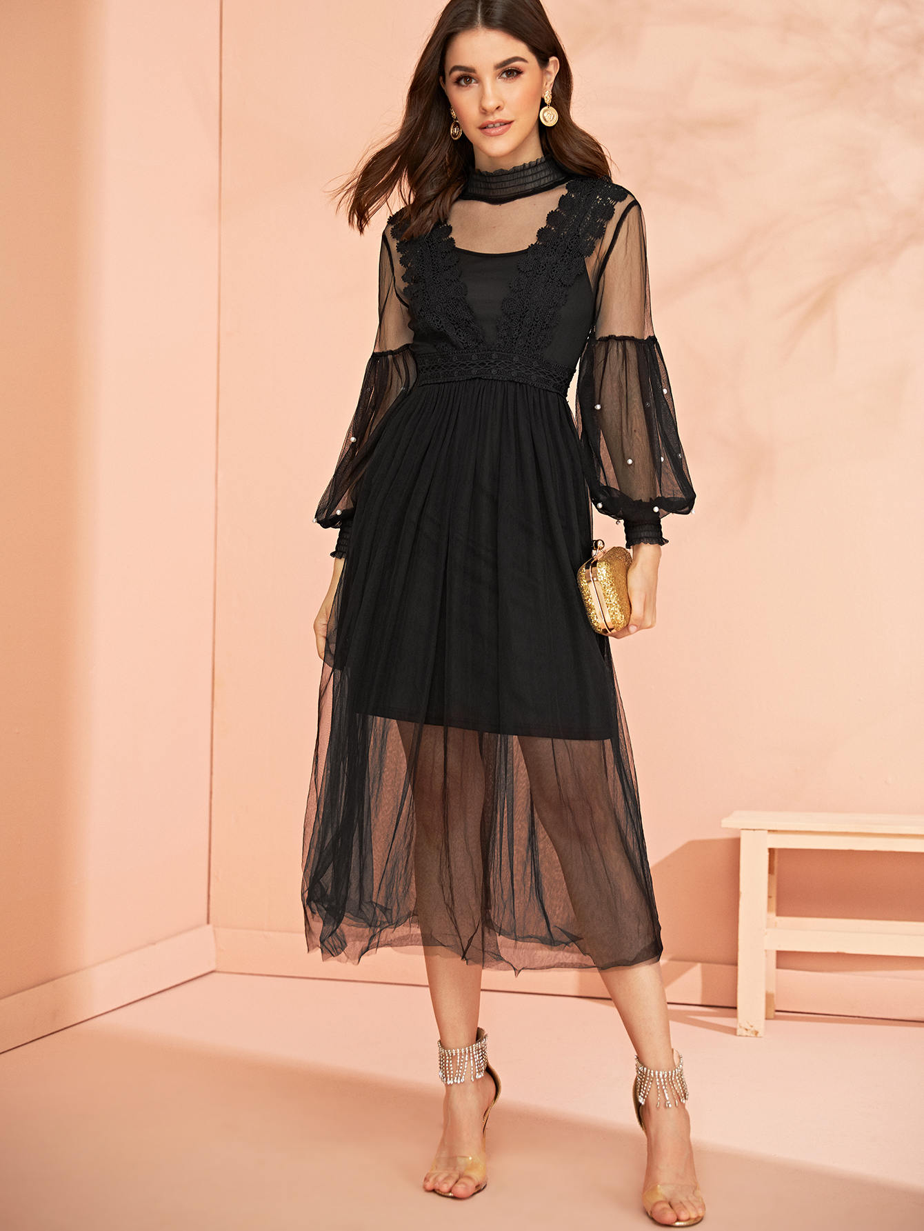 Lace Tape Pearls Beaded 2 In 1 Mesh Dress