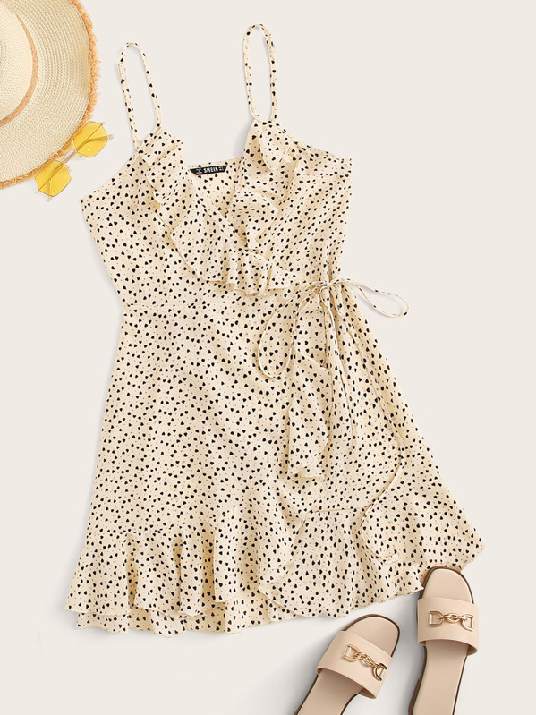 Shein Ruffle Trim Wrap Belted Confetti Heart Print Sundress Shein Usa