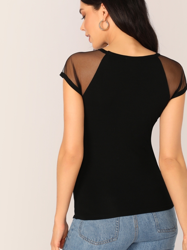Shein Bae Sheer Mesh Yoke Slim Tee Shein Usa