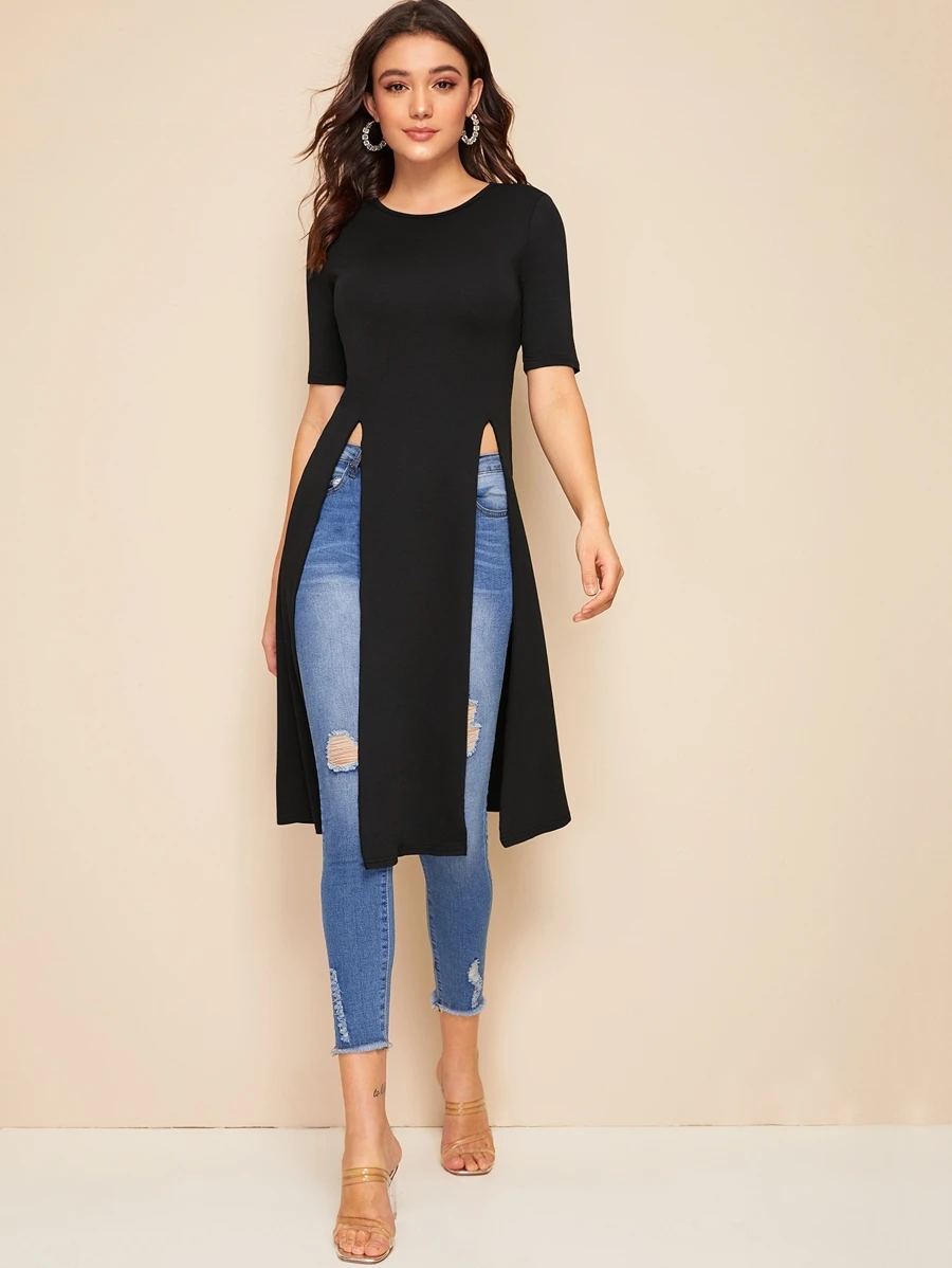 SHEIN LUNE Solid Split Thigh Hem Tee | SHEIN USA