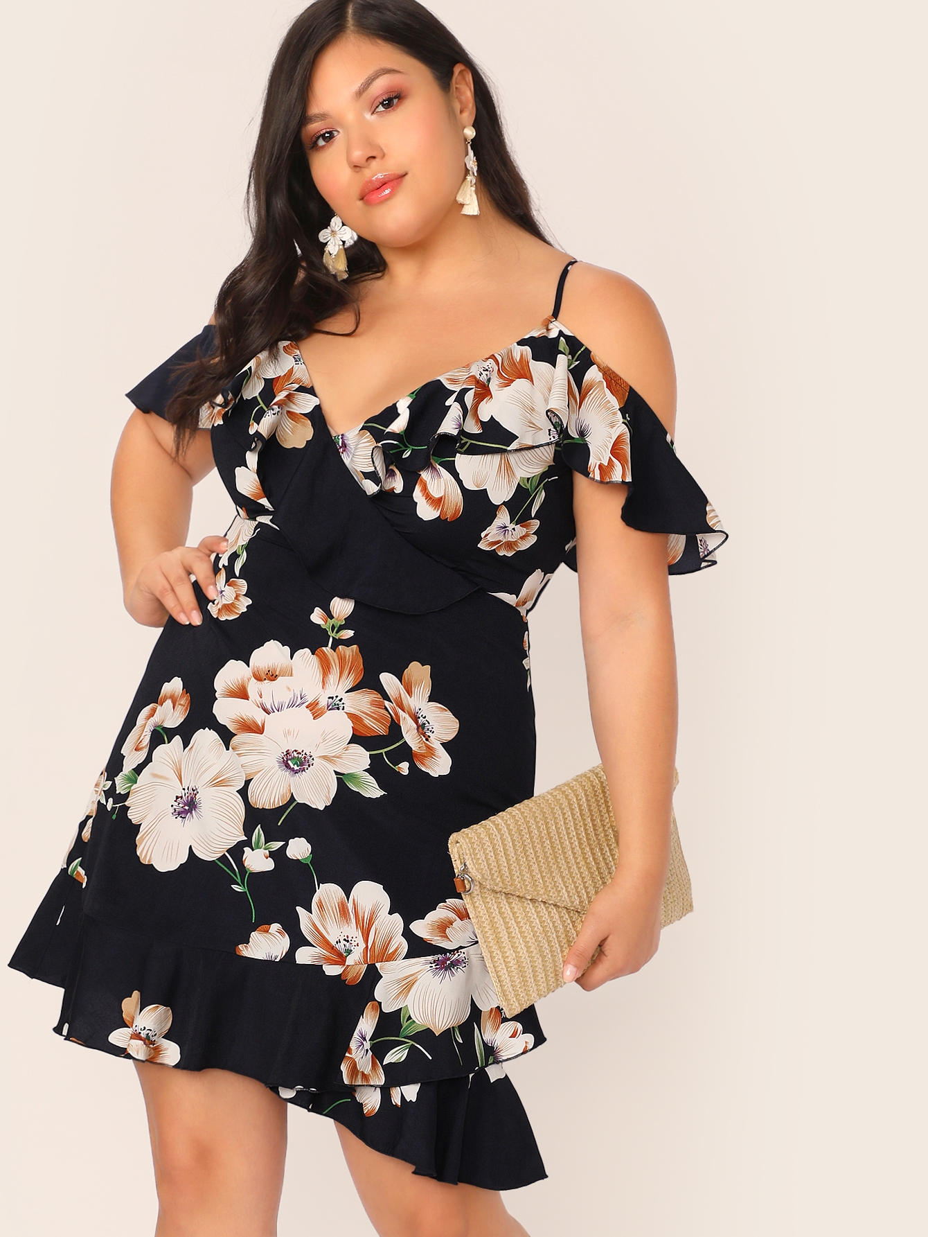 SHEIN Plus Cold Shoulder Ruffle Trim Wrap Floral Print Dress | SHEIN USA