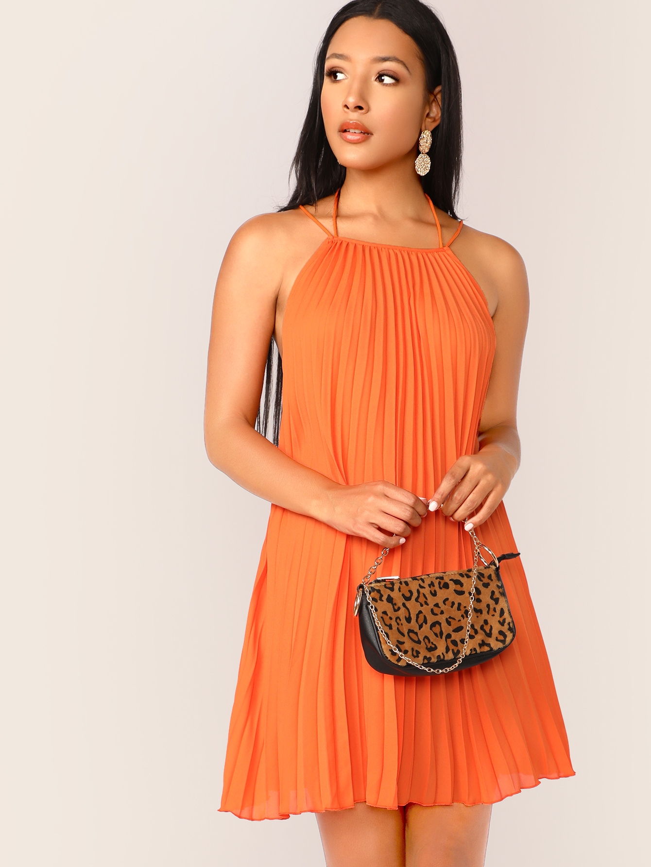 Neon Orange Crisscross Backless Pleated Halter Dress