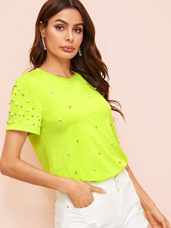 SHEIN Neon Lime Cuffed Pearls Beaded Top | SHEIN USA