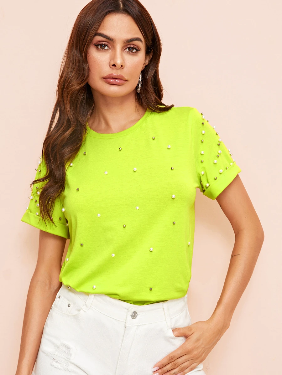 SHEIN Neon Lime Cuffed Pearls Beaded Top | SHEIN USA