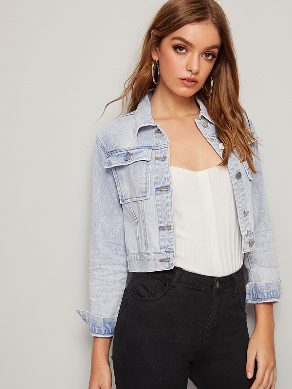 SHEIN Bleach Wash Flap Pocket Denim Jacket | SHEIN UK